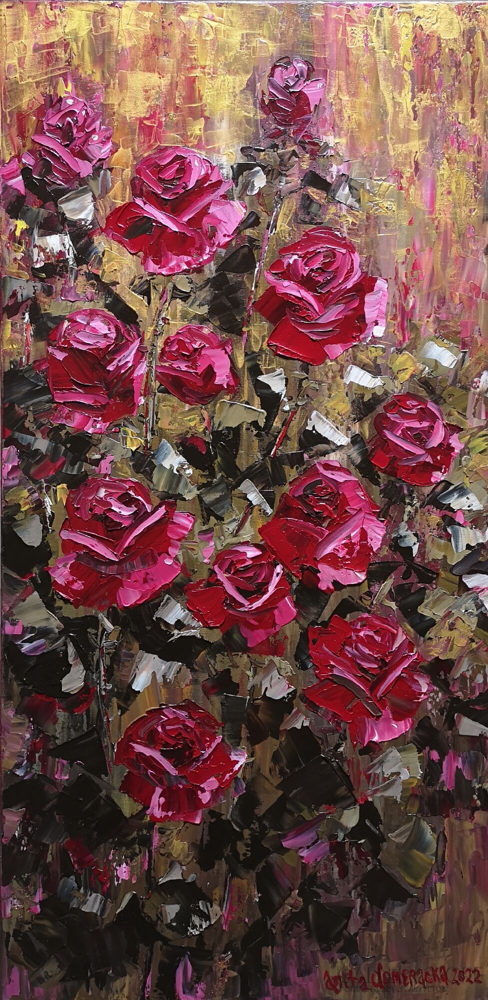 Malinowe róże - Anita Domeracka - obraz olejny na płótnie - Gallerystore.pl