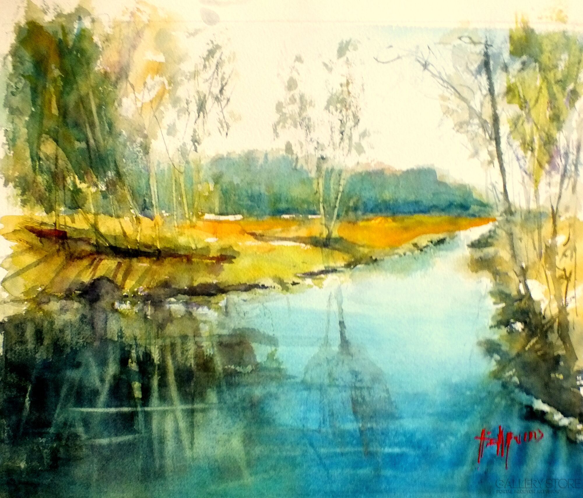 ..Pejzaż letni z rzeką ||,, - Mirosław Meger - akwarela - Gallerystore.pl