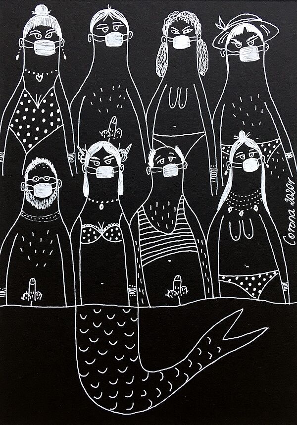 Plaża nudystów- pamiątka z pandemii, syrena - Marcin Waśka - rysunek ...